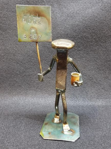 Beer Sign - Humorous Railroad Spike Sculpture | Roland Metal Art