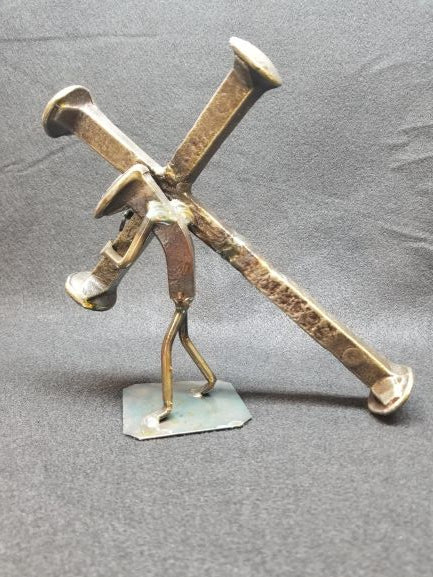 Carrying Cross - Symbolic Railroad Spike Sculpture | Roland Metal Art
